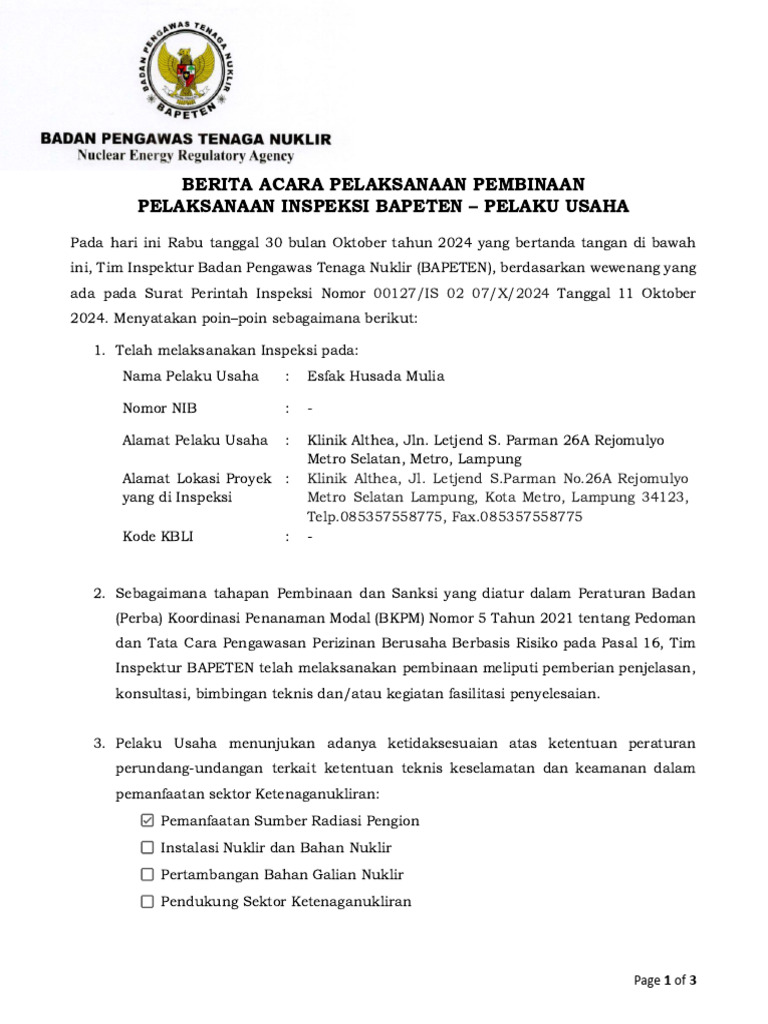 BAP Pembinaan Klinik Althea Rev.1 | PDF