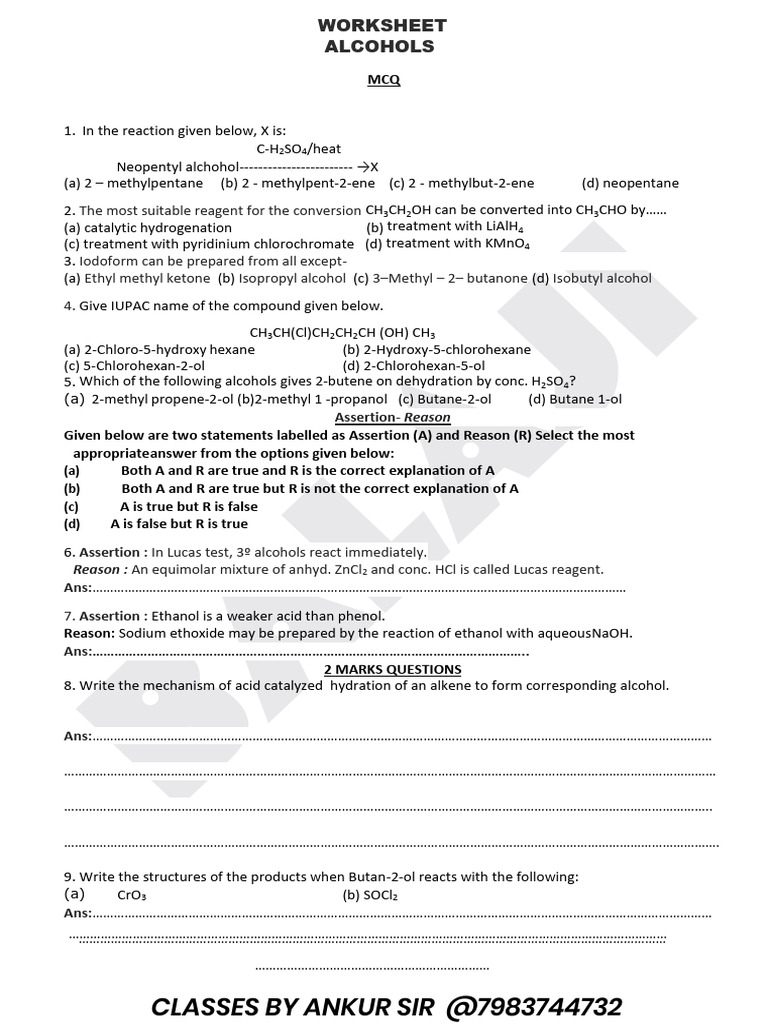 ALCOHOLS WORKSHEET-1 | PDF | Chemical Reactions | Chemistry