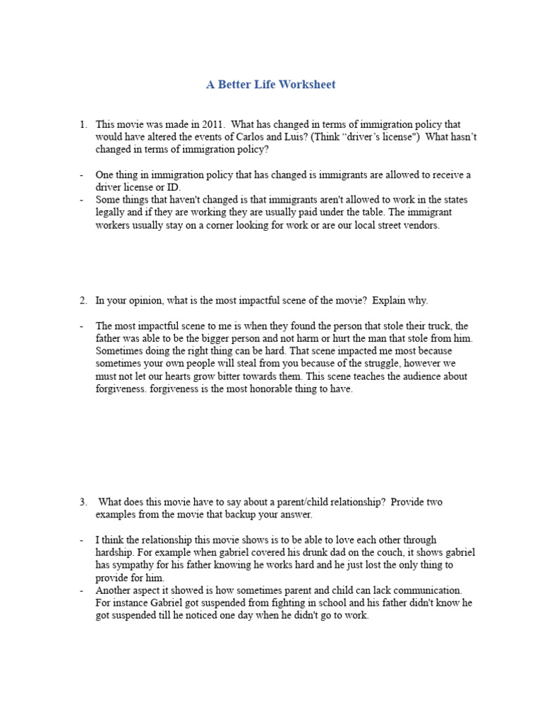 A Better Life (Worksheet) | PDF