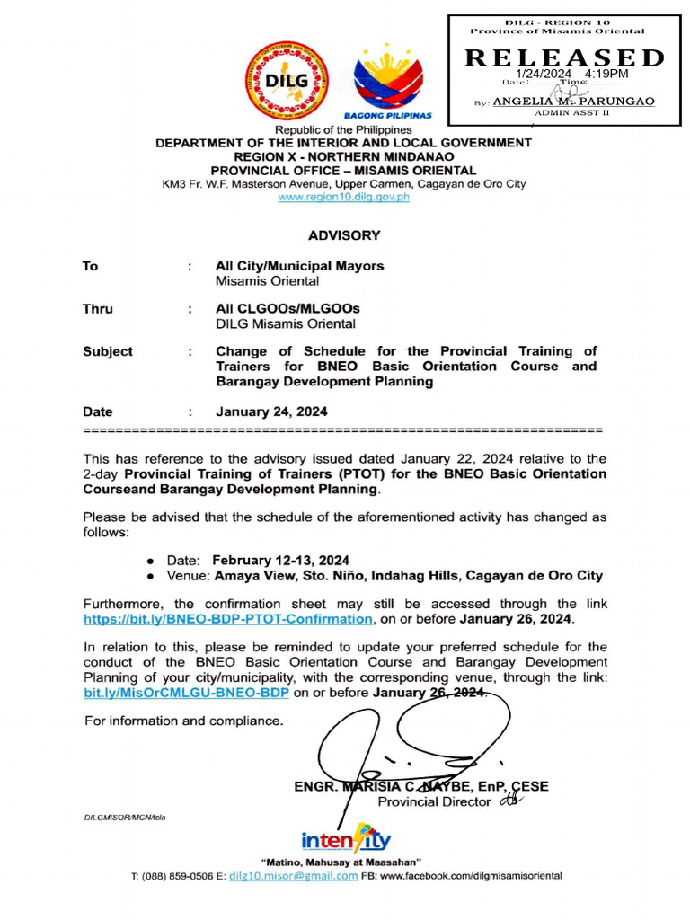 Change of Schedule For The Provincial Training of Trainers For Bneo Basic Orientation Course and ...