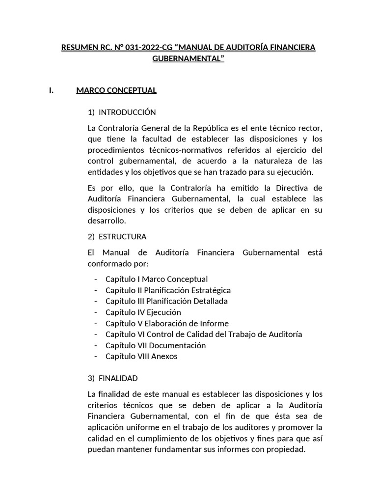 RESUMEN MANUAL DE AUDITORIA FINANCIERA GUBERNAMENTAL | PDF | Auditoría | Contralor