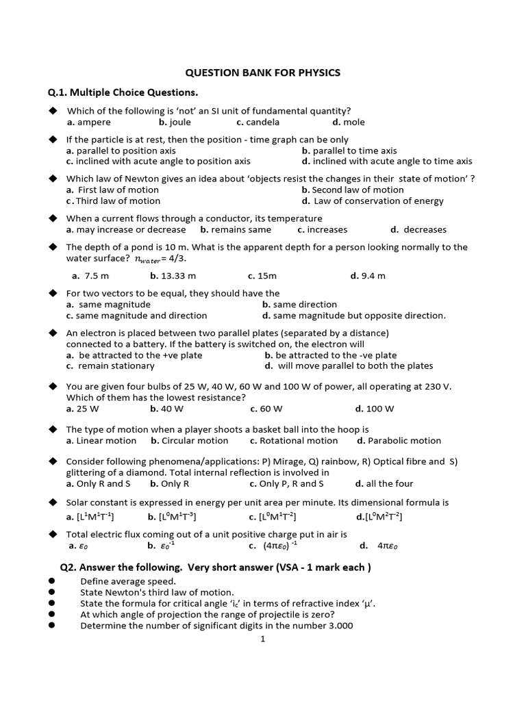 PHYSICS QUESTION BANK | PDF | Euclidean Vector | Force