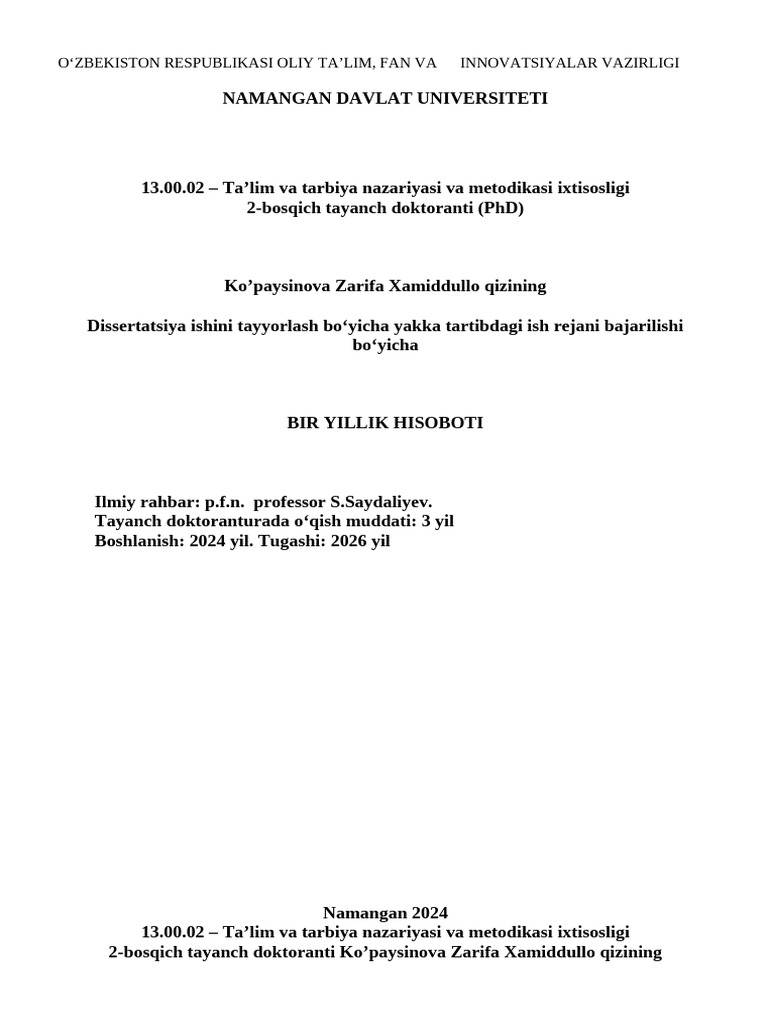 Ko'paysinova Zarifa 1 yillik hisobot | PDF | Cultural Assimilation | Linguistics