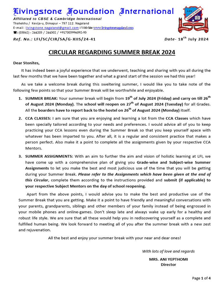Summer Break Circular & Assignments 2024 | PDF | Birth Control | Hiv/Aids