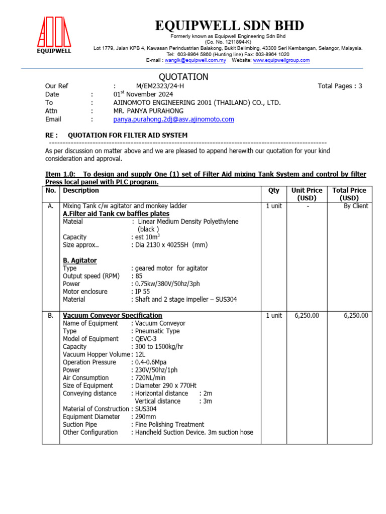 Equipwell Quotation for Filter Aid System | PDF | Valve | Pump