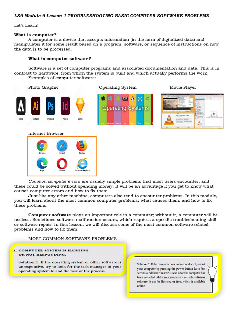 LS6 Module 6 Lesson 1 TROUBLESHOOTING BASIC COMPUTER SOFTWARE PROBLEMS | PDF