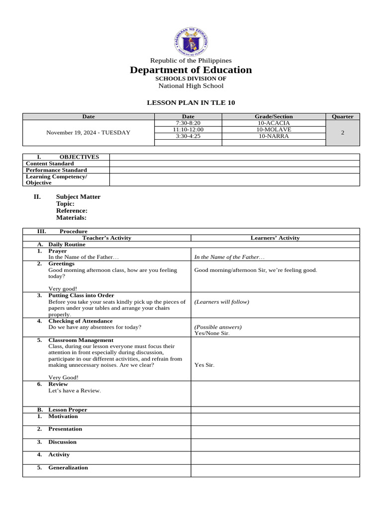 Template Tle Lesson Plan | PDF | Teachers | Learning