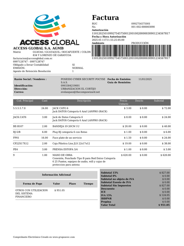 Factura 001-002-000003090 Poseido Cyber Security Pocyse S.A.S. | PDF | Contabilidad