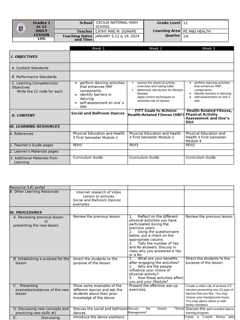PE and Health Lesson Plan for Grades 1-12 | PDF | Physical Education ...