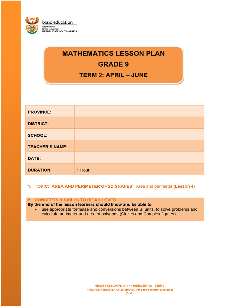 AREA AND PERIMETER Term 2 Lesson 4 Grade 9 | PDF | Area | Circle