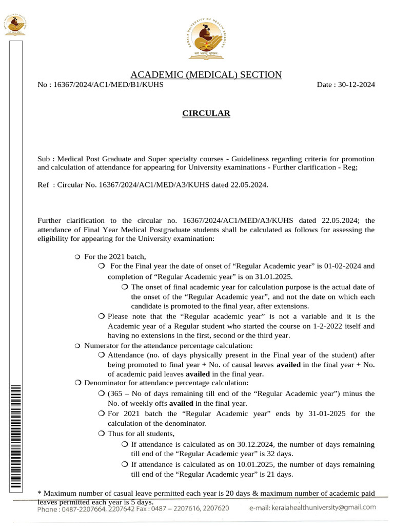 Circular - Further Clarification On Calculation of Attendance - PG Medical | PDF