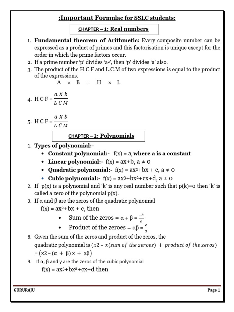 SA1 - MATHS Formulae | PDF | Polynomial | Factorization