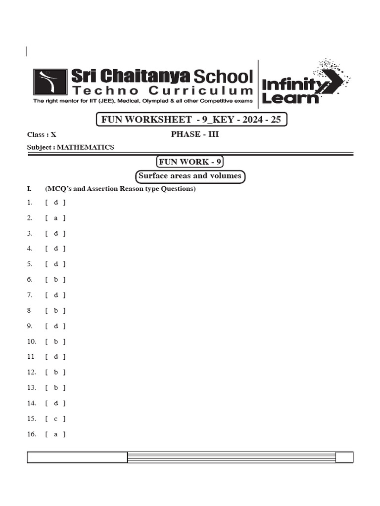 Cbse Math PH - III Funwork Work Sheet - 9 Key | PDF | Volume | Mathematics