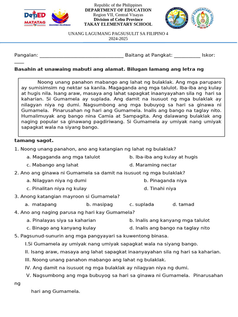 1ST-SUMMATIVE-TEST-IN-FILIPINO-4 (1) | PDF