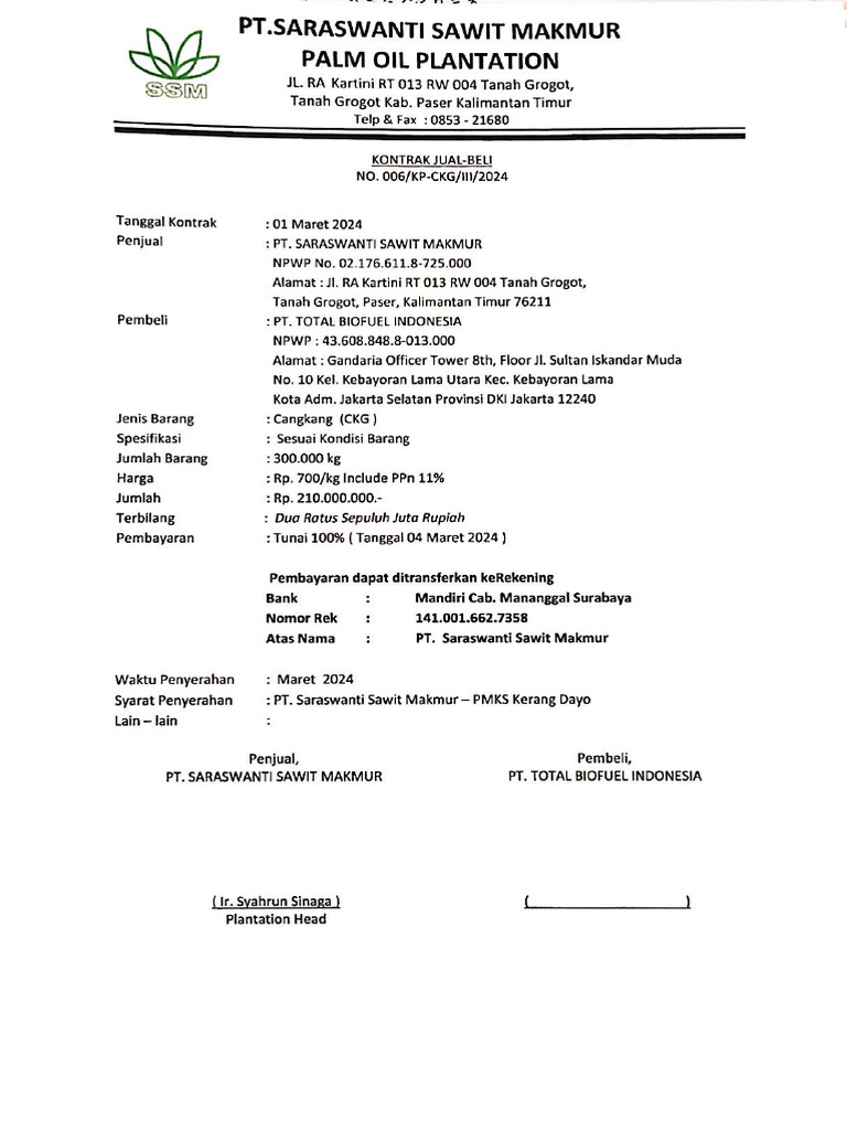 Draft Kontrak & Inv PT - Tbi Cangkang | PDF