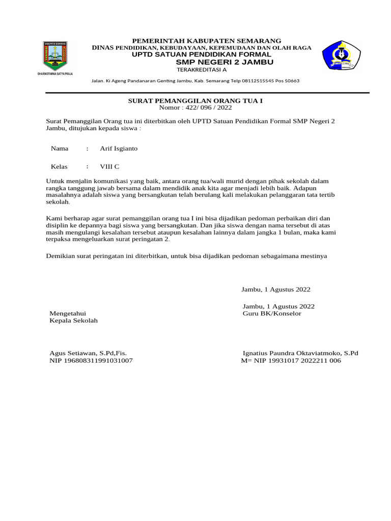 Surat Pemanggilan Orang Tua Siswa | PDF