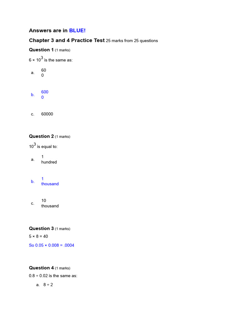 Answer Key Chapter 3 and 4 Practice Test 25 marks from 25 questions ...