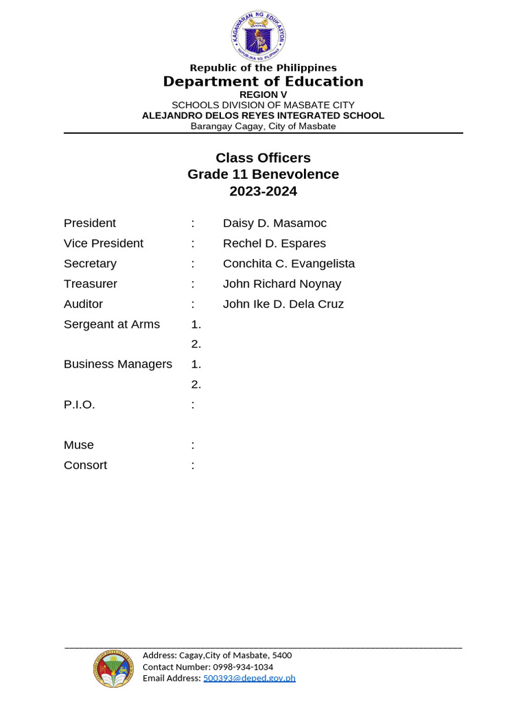 Grade 11 Class Officers 2023-2024 | PDF
