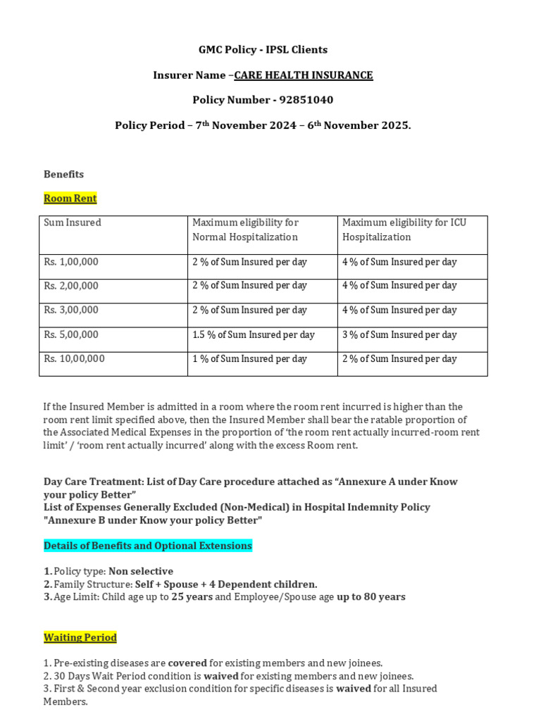 GMC Policy - Coverage Chart - Clients - Care Health | PDF | Insurance ...