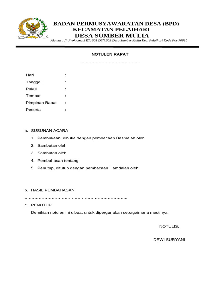 Contoh Format Notulen Rapat BPD | PDF