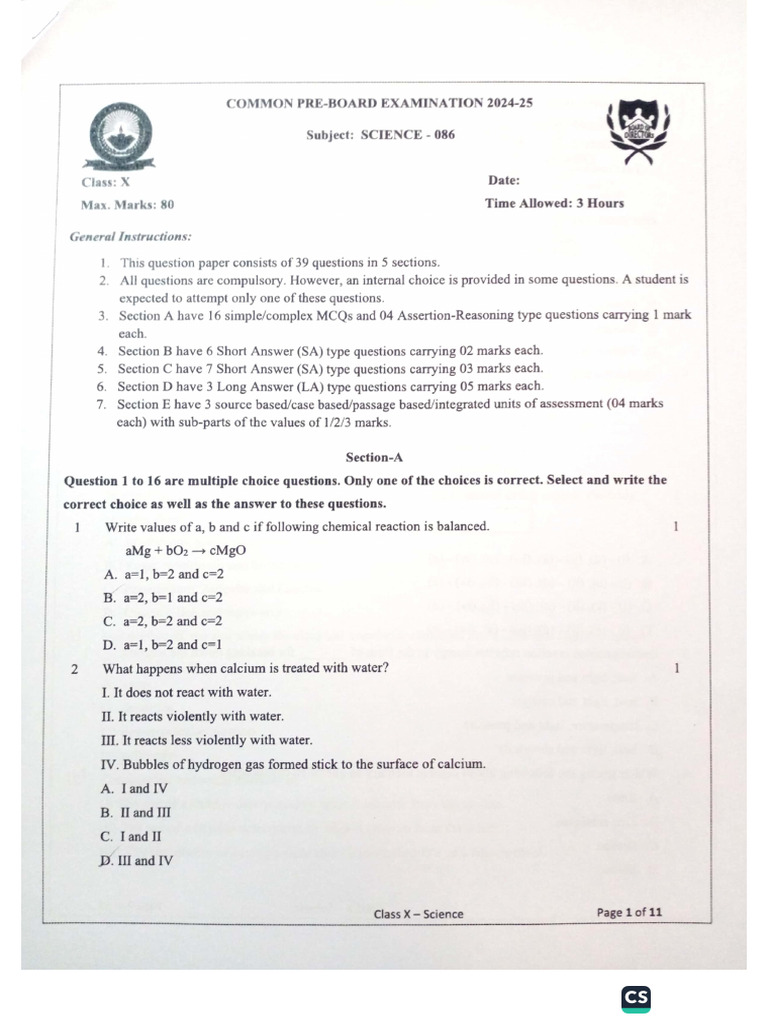 Common Pre Board 2 Science | PDF