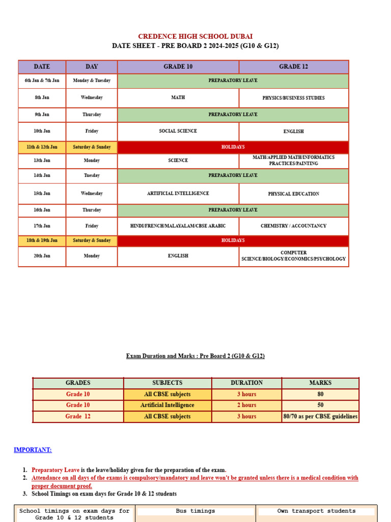 Date Sheet - Pre-Board 2 - 2024-25 (G10 & G12) | PDF