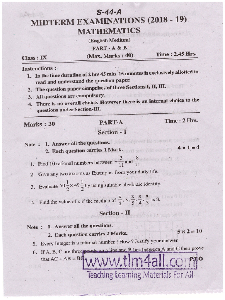 9th Class Maths em Sa1 | PDF