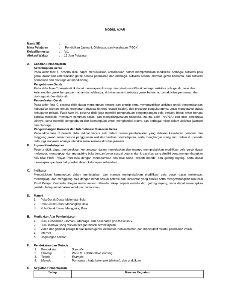 MODUL AJAR PENJAS 5 SEMESTER 1 BAB 1 | PDF
