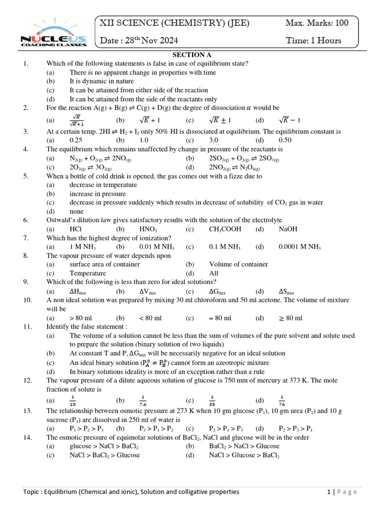 XII SCIENCE (JEE)- 28-11-2024 - Chemistry - Equilibrium (Chemical and Ionic), Solution and ...