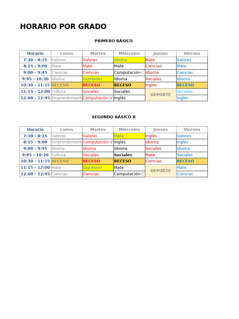 EVSS Horario 2025 Por Grado y Profesor | PDF | Idiomas del Reino Unido