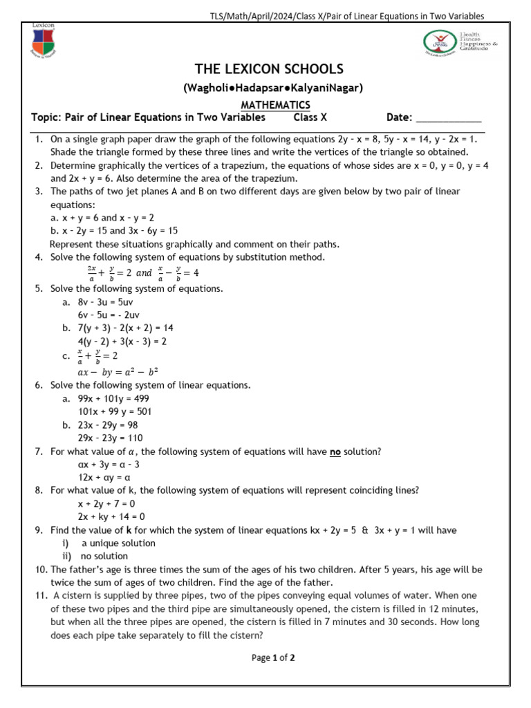 TLS - CL X - Pair of Linear Equations in Two Variables-April - 2024 ...