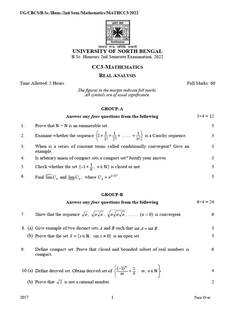 B.Sc. Mathematics 2nd Sem Real Analysis Exam | PDF | Real Number | Sequence