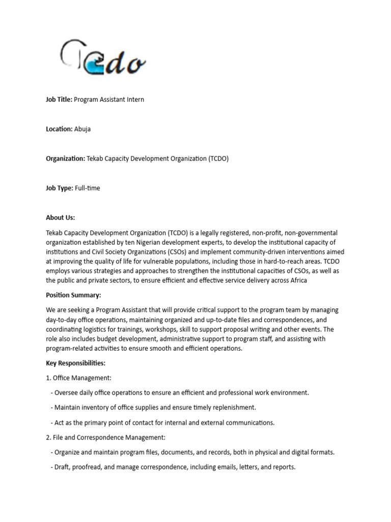 TCDO - Program Assistant Intern - Job Advert | PDF | Logistics | Business