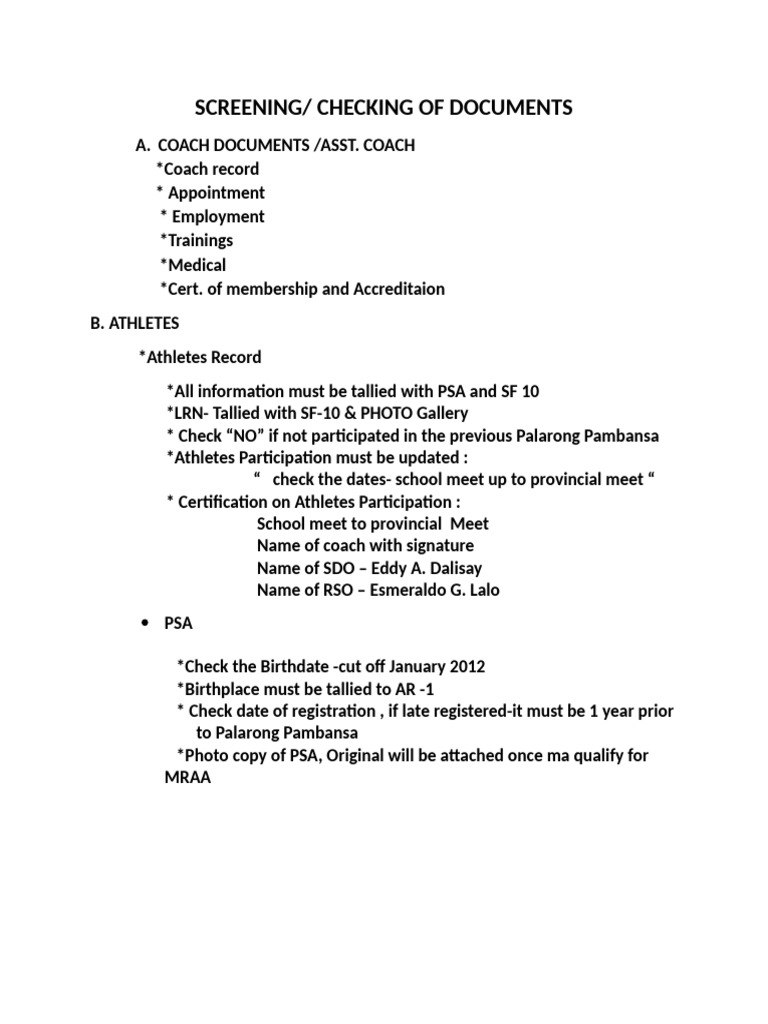 Document Screening Checklist for Coaches and Athletes | PDF
