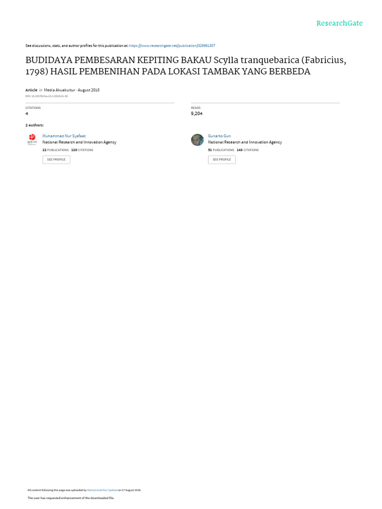 Budidaya Kepiting Bakau 1 | PDF