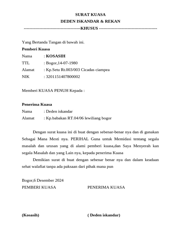 Surat Kuasa Penuh Kosasih ke Deden Iskandar | PDF