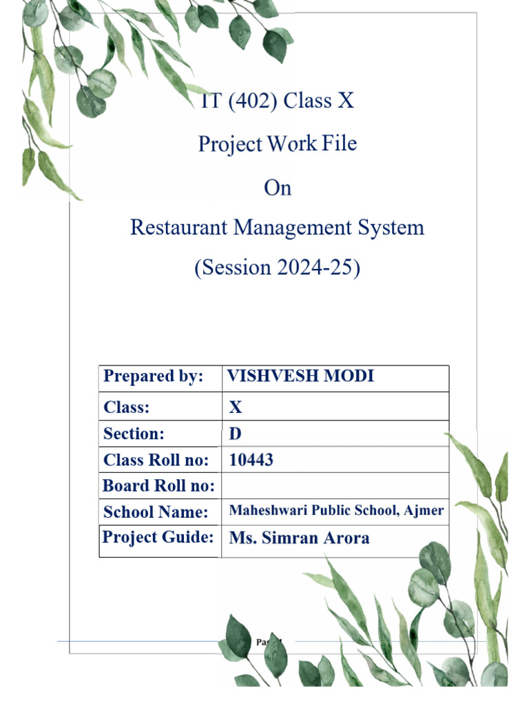 Restaurant Management System Project Report | PDF