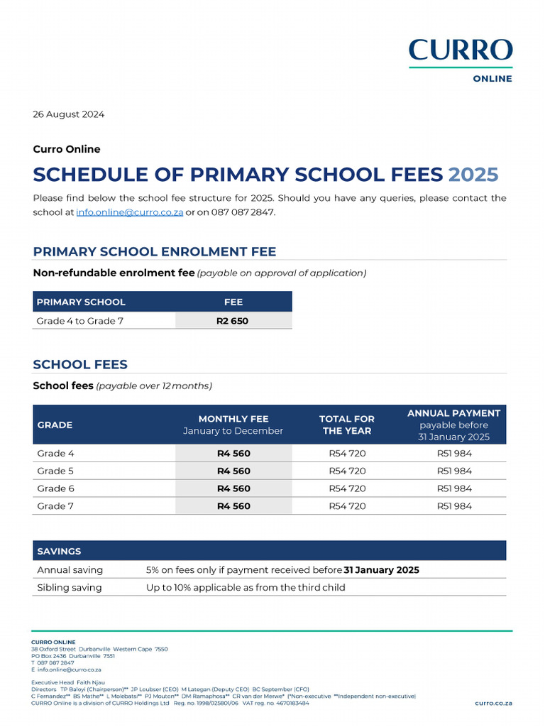 Curro Online 2025 Primary School Fee Letter Final For Web | PDF