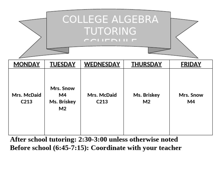 Tutoring Schedule College Algebra 2024-25 | PDF