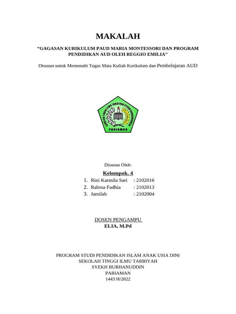 Kurikulum PAUD Montessori dan Reggio Emilia | PDF