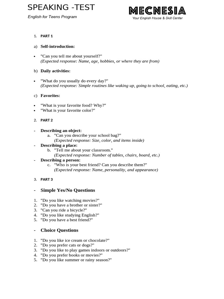 SPEAKING TEST PART 1 | PDF