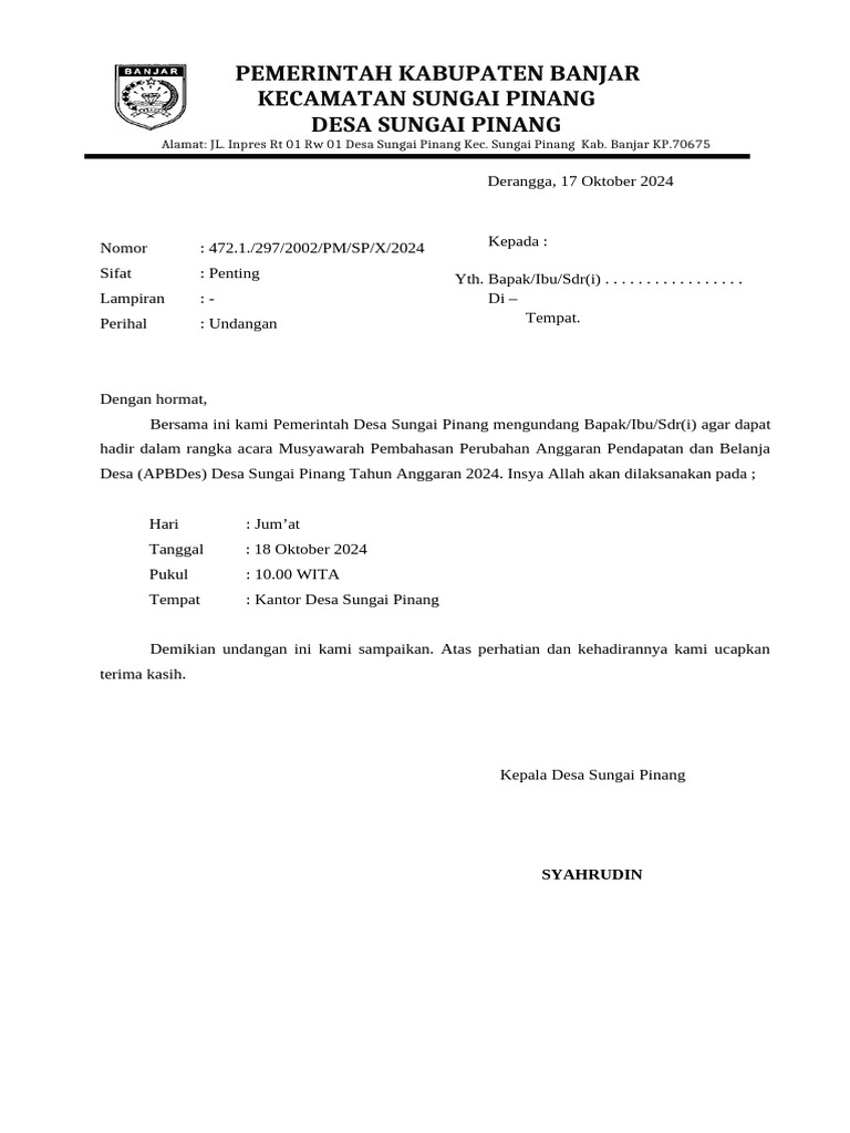 Undangan Musdes Perubahan APBDes 2024 | PDF