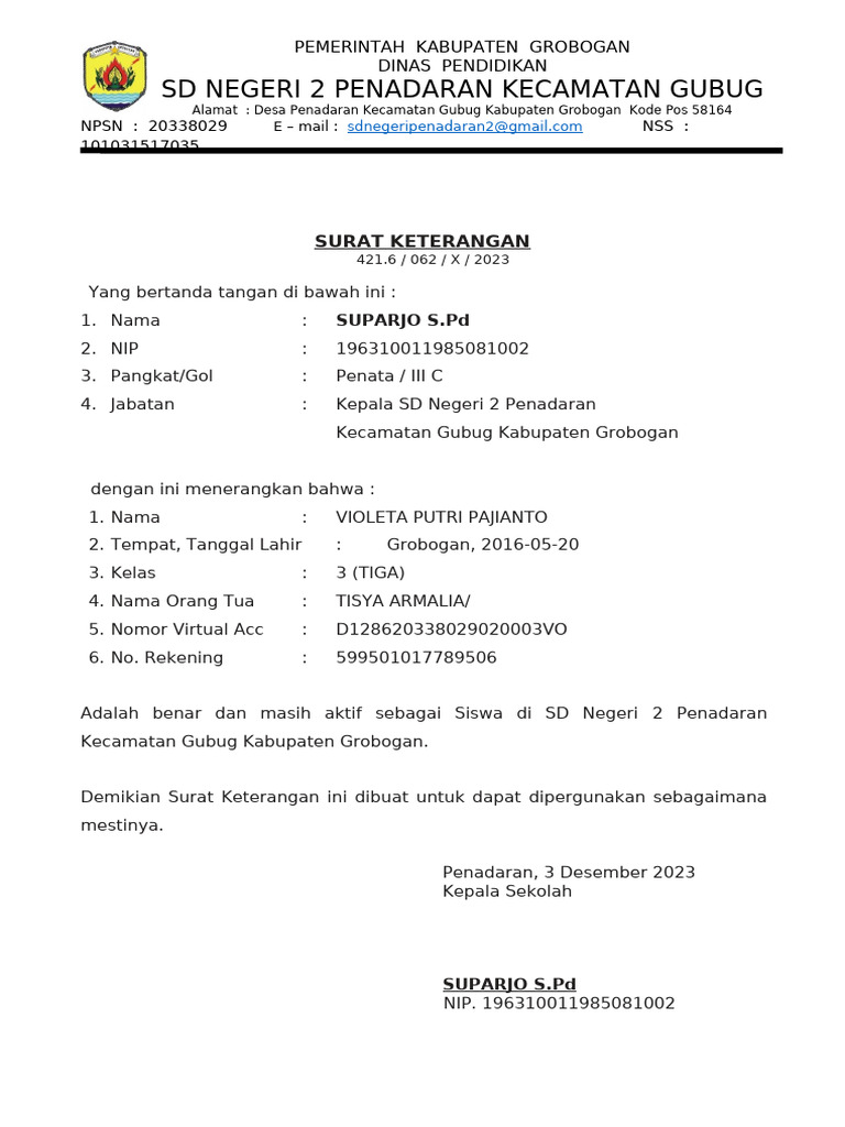 Surat Keterangan PIP 2023 | PDF