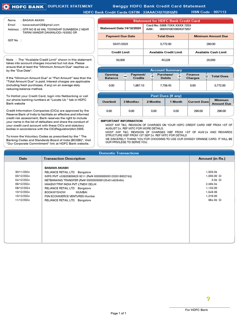 HDFC Bank Credit Card Statement Summary | PDF | Credit Card | Service Industries