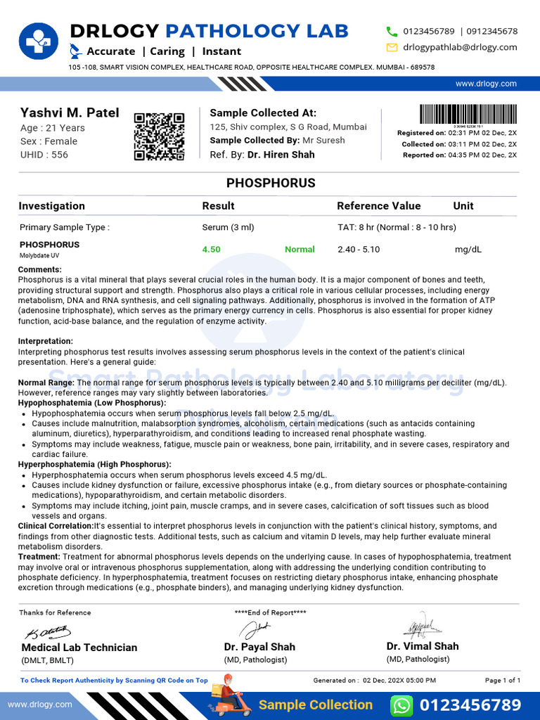 Phosphorus Test Report Analysis | PDF | Phosphorus | Medical Specialties