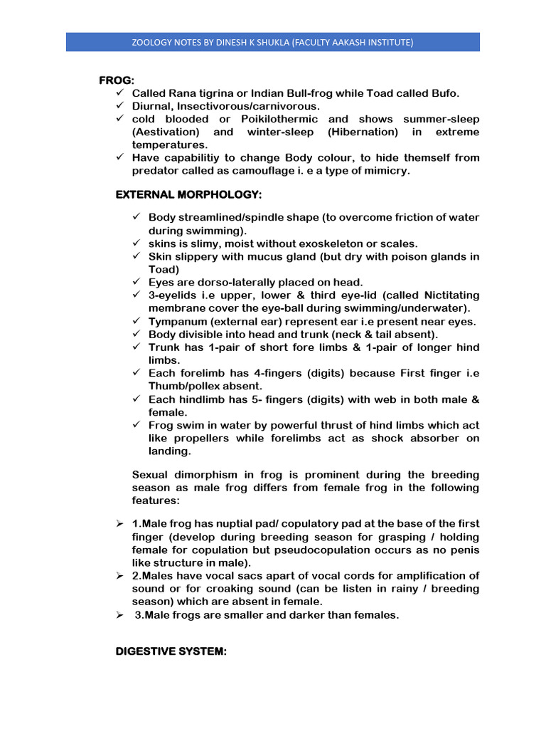 Notes of frog & cockroach | PDF | Frog | Kidney