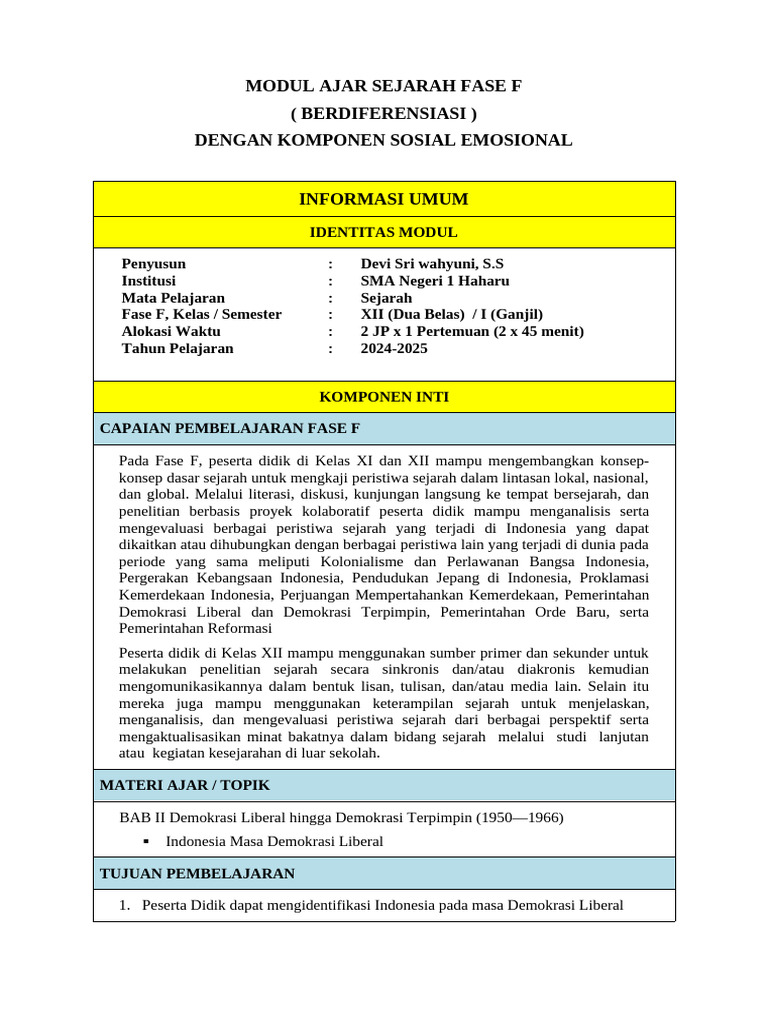 Modul Ajar Bab 2 Indonesia Masa Demokrasi Liberal Untuk PP Observasi | PDF