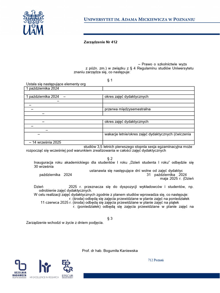 Organizacja Roku Akademickiego 2024 2025 | PDF