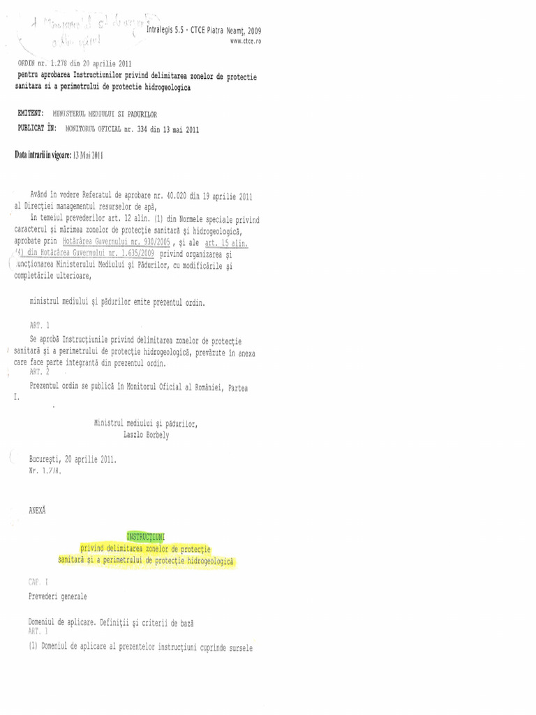 Ordin 1278-2011 Delimitarea Zonelor de Protectie Sanitara - Hidrogeoligica | PDF