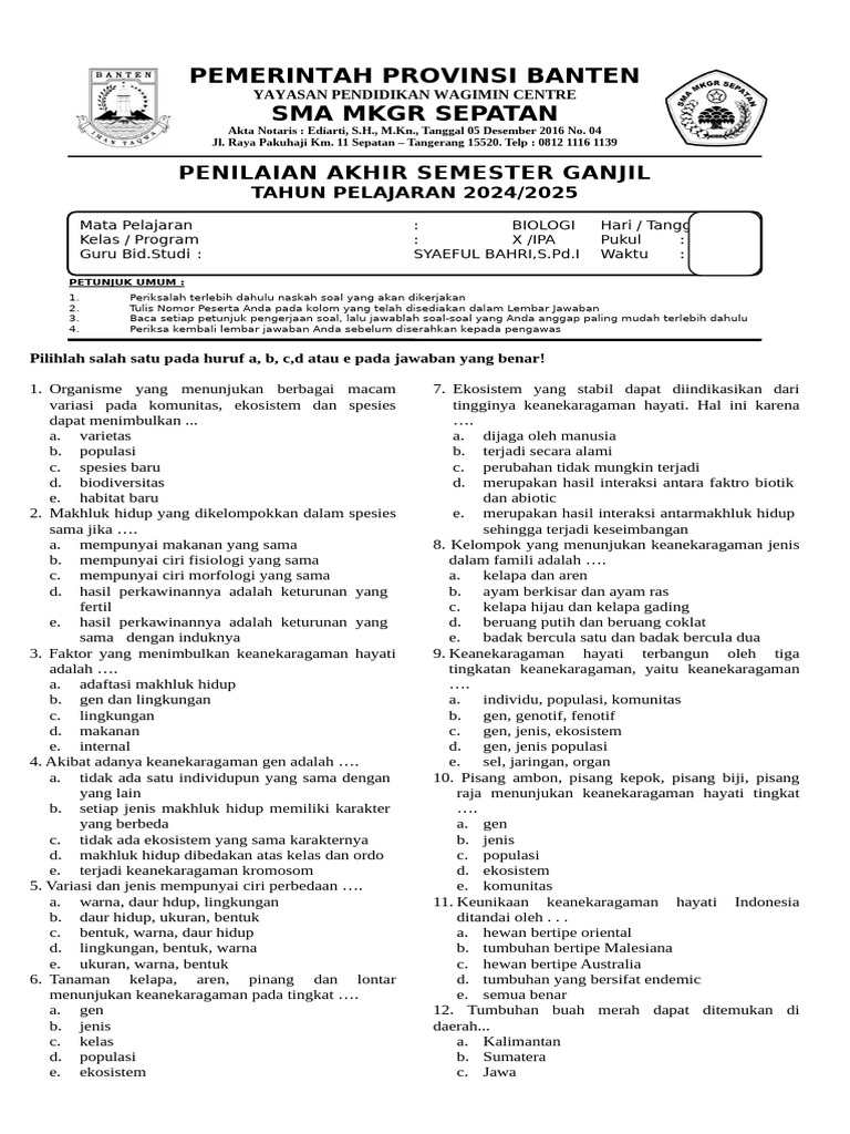soal pas biologi kelas 10 (AutoRecovered) | PDF
